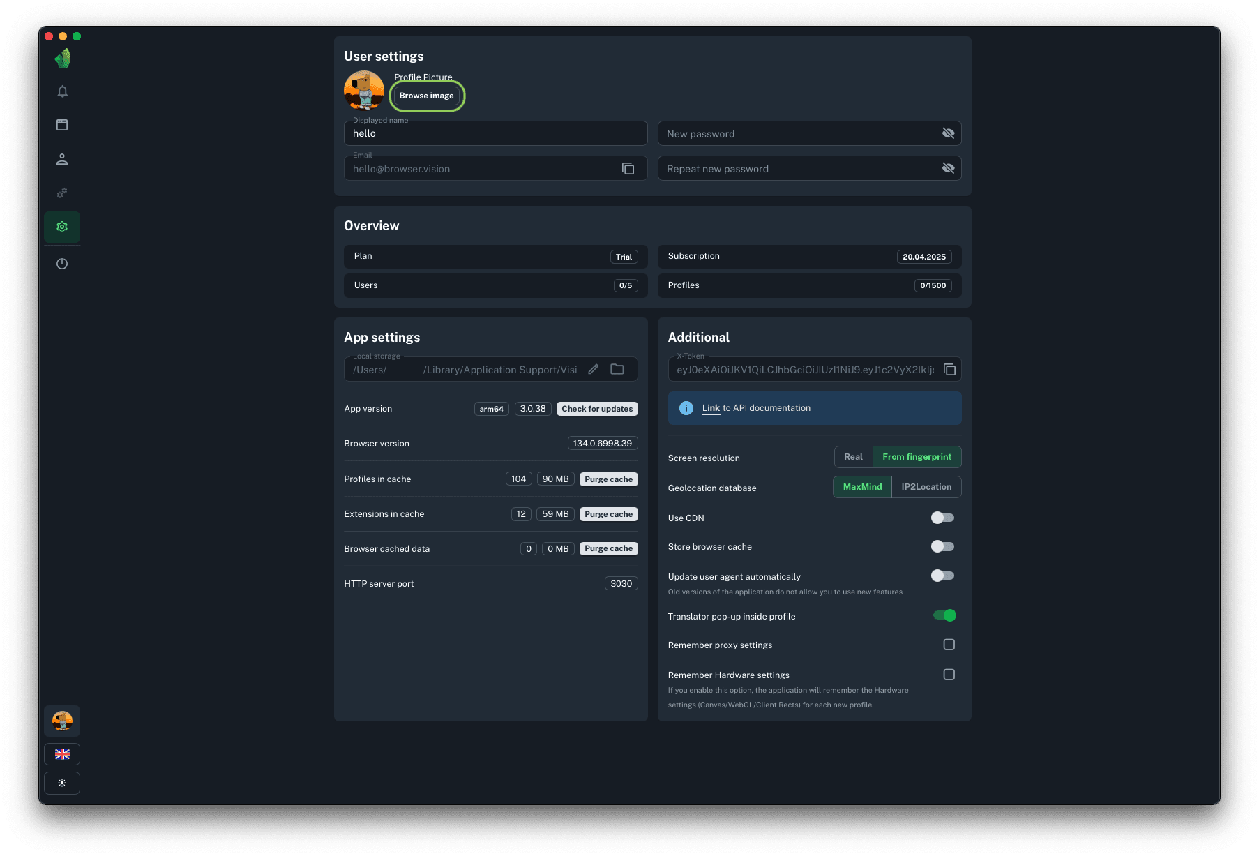 Settings section: Vision Docs